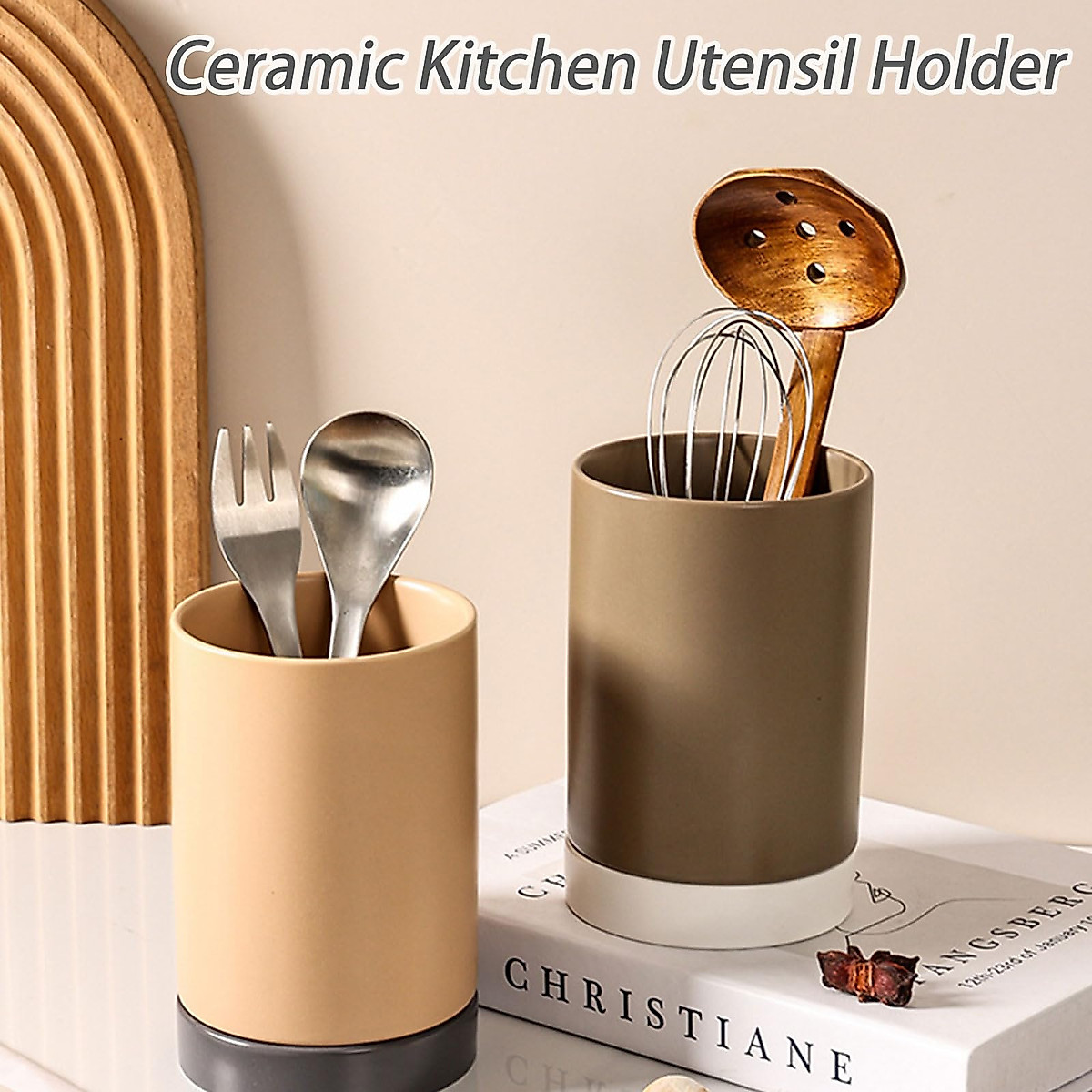 Dxcaicc Utensil Holder,Large Ceramic Stable Utensil Caddy,Drainer Ceramic Cooking Utensil Holder,Ceramic Kitchen Utensil Holder for Countertop,Cooking Utensils Holder for Kitchen,Yellow