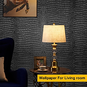 Fititem Black Wallpaper Peel and Stick Wallpaper 118”×17.3” Black Contact Paper for Cabinets Removable Textured Wallpaper Modern Crocodile Self Adhesive Wallpaper Bedroom Bathroom Wallpaper Waterproof