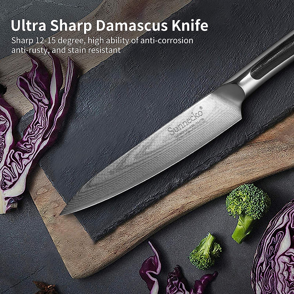 Sunnecko Utility Knife 5 Inch, Paring Knife Damascus Steel VG-10 Blade Fruit Knife, Small Kitchen Knife with G10 Inlaid Handle Peeling Knife Perfect for Cutting Fruit Vegetables Petty Knife Gift Box