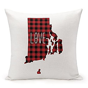 Red Black Buffalo Plaid Rhode Island State Map Throw Pillow Covers Love Pillow Case Home State Cushion Cover Going Away Gift Valentine's Day Decor Square Pillowcase Gift for Him 22"x22"