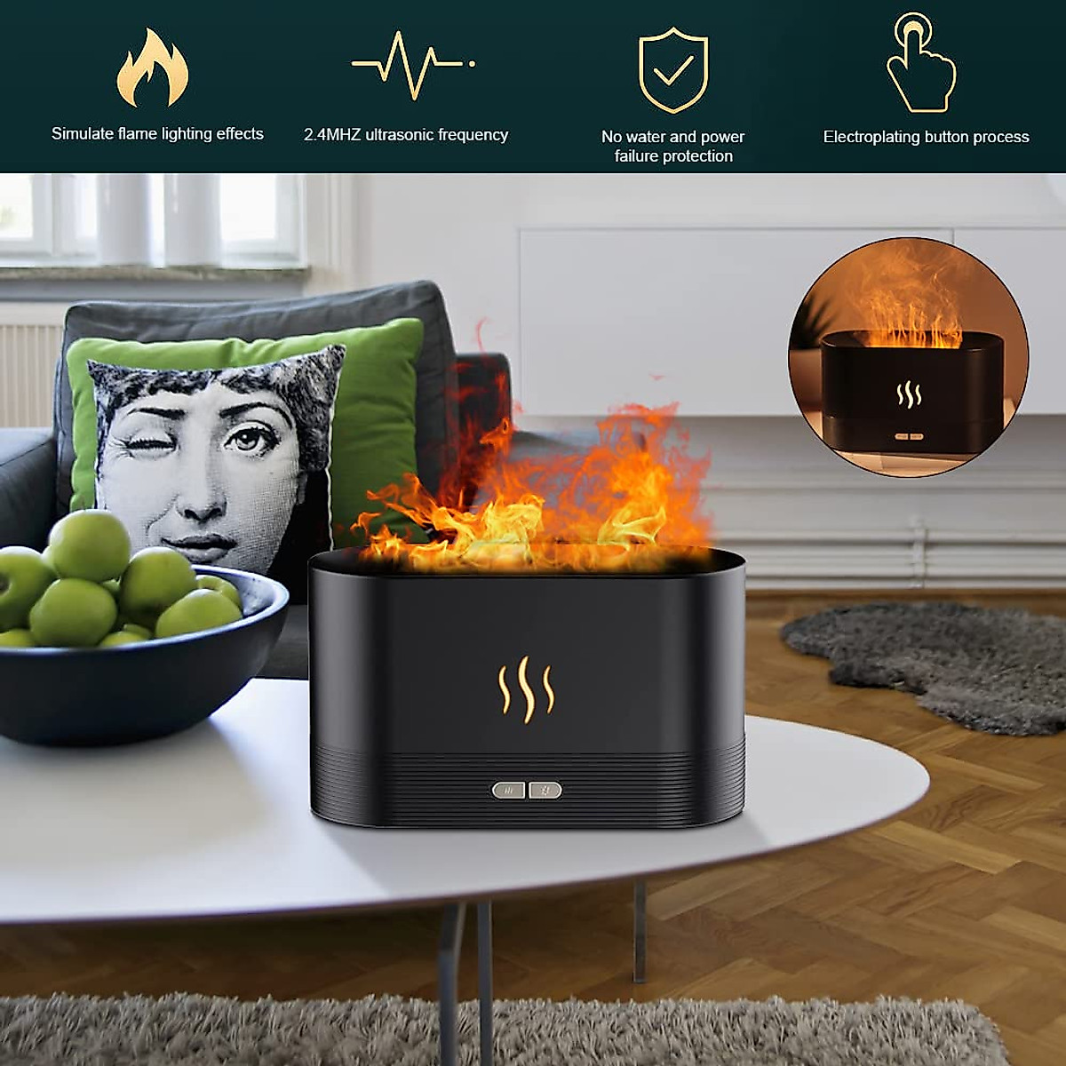 Komake Flame Diffuser Humidifier, Ultra-Silent Cool Mist Air Fire Diffuser, 2 Brightness Night Light & Auto-Off, Essential Oil Aromatherapy Flame Humidifier Aroma Diffuser for Home, Office or Yoga