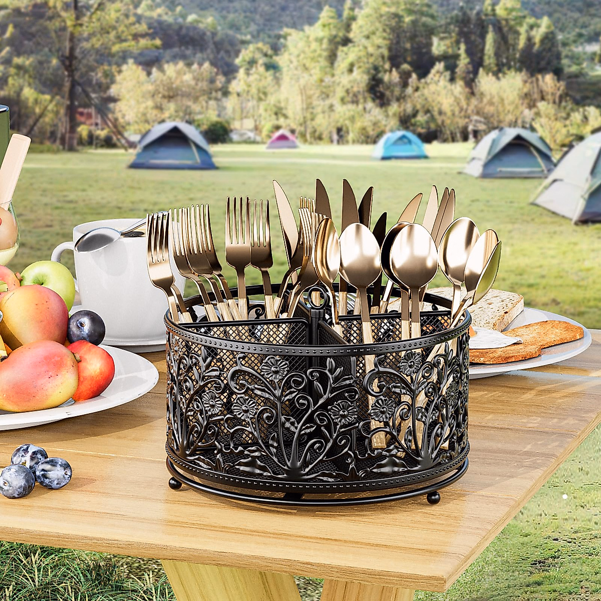 YIUKEA 360° Rotating Utensil Caddy - Silverware Cutlery Caddy Holder with 4 Compartment, Metal Flatware Organizer Countertop with Handle for Party Camping Picnic, Kitchen Counter, Office (Black)