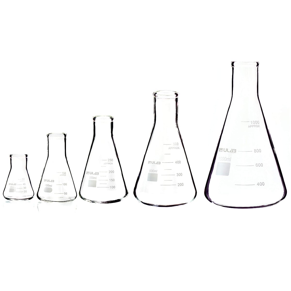 ULAB Scientific Glass Erlenmeyer Flask Set, 5 Sizes 50ml 150ml 250ml 500ml 1000ml, 3.3 Boro with Printed Graduation, UEF1002