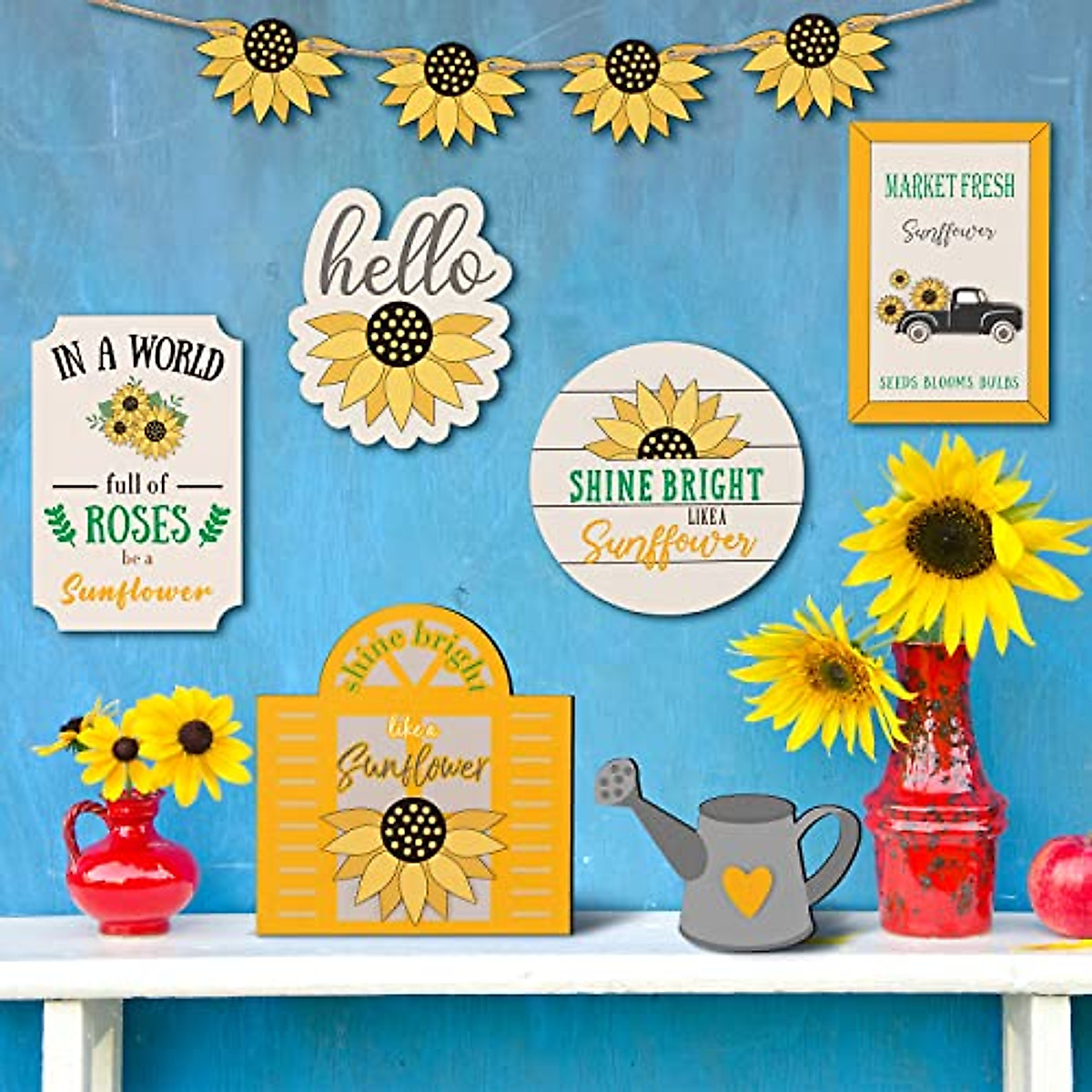7 Pieces Summer Tiered Tray Decor Set Summer Wood Sign Rustic Farmhouse Decor Wooden Kitchen Tiered Tray Sign Decorative Trays Signs for Summer Home Kitchen Table Shelf (Sunflower Style)