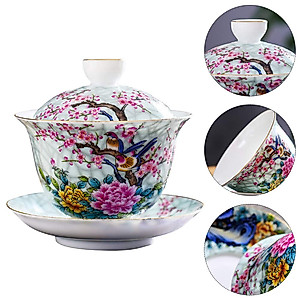 DOITOOL Ceramic Tea Cup Chinese Fu Tea Cup with Lids Hand- painted Tea Bowl Ceramic Tea Bowl Traditional Tea Ware (Flower Birds)