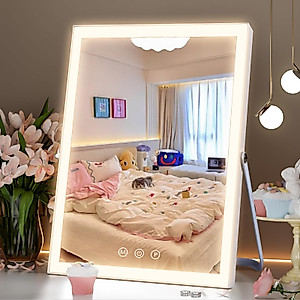 Vanity Mirror with Lights,10"x12" Lighted Makeup Mirror, 3 Colors Dimmable, 360 Degree Rotation Makeup Mirror with Lights, Dual Power Supply, Portable Led Makeup Mirror, Smart Touch Control (White)