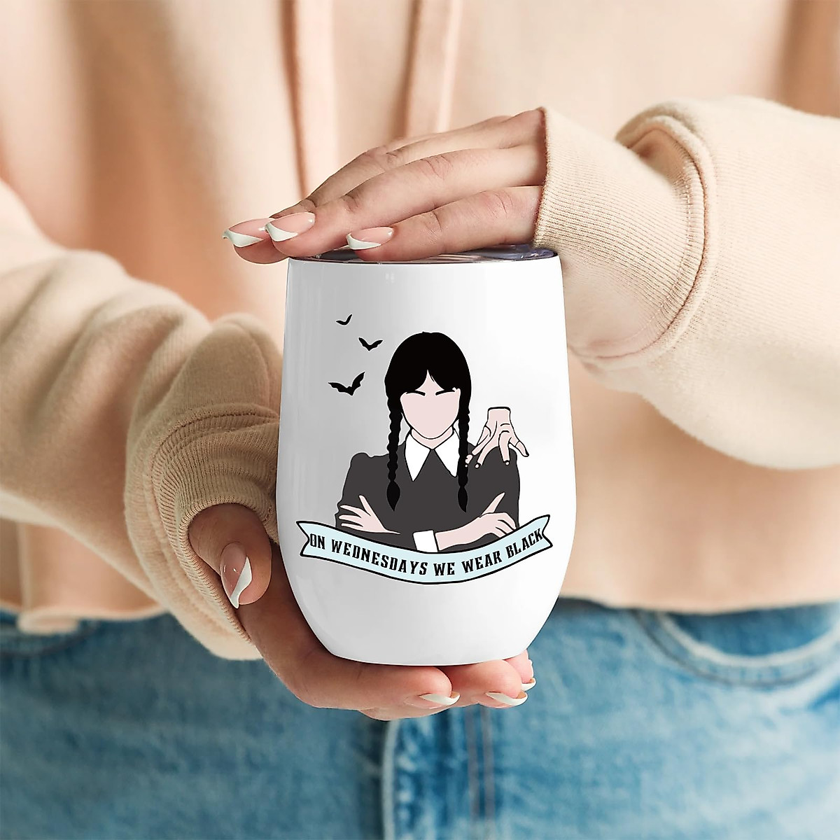 PuGez Wednesday Wine Tumbler Gifts, Wednesday Merchandise Wine Tumbler 12 Oz, We Wear Black Stainless Steel Wine Tumbler, Wednesday TV Merchandise Gifts for Fans