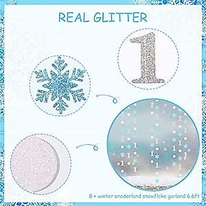 Winter Onederland 1st Birthday Hanging Decorations for Boy, Blue Glitter Snowflake First Birthday Garland - Circle Dot Ceiling Streamers for One Year Winter Wonderland Anniversary