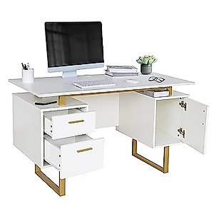 Techni Mobili Storage Drawers and Cabinet 51.25” W-Modern Office Large Floating Desktop Surface Desk, 23.6" D x 51.2" W x 29.8" H, White/Gold