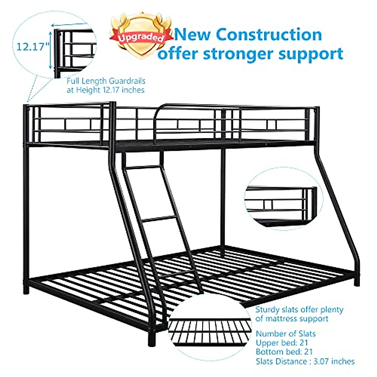 Olela Twin Over Full Metal Bunk Beds, Low Profile Bunk Beds Heavy Duty Steel Bed Frame with Safety Rail and Ladder for Boys Girls Adults Dormitory Bedroom,No Box Spring Needed (Black)