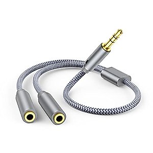 SCETREND Headphone Splitter Audio Jack Earphone Splitter Aux Cord Splitter 2 Way Nylon-Braided Stereo Aux Cable for Headphones Tablets Laptop PS4 Switch Tablets PC Speakers Silver