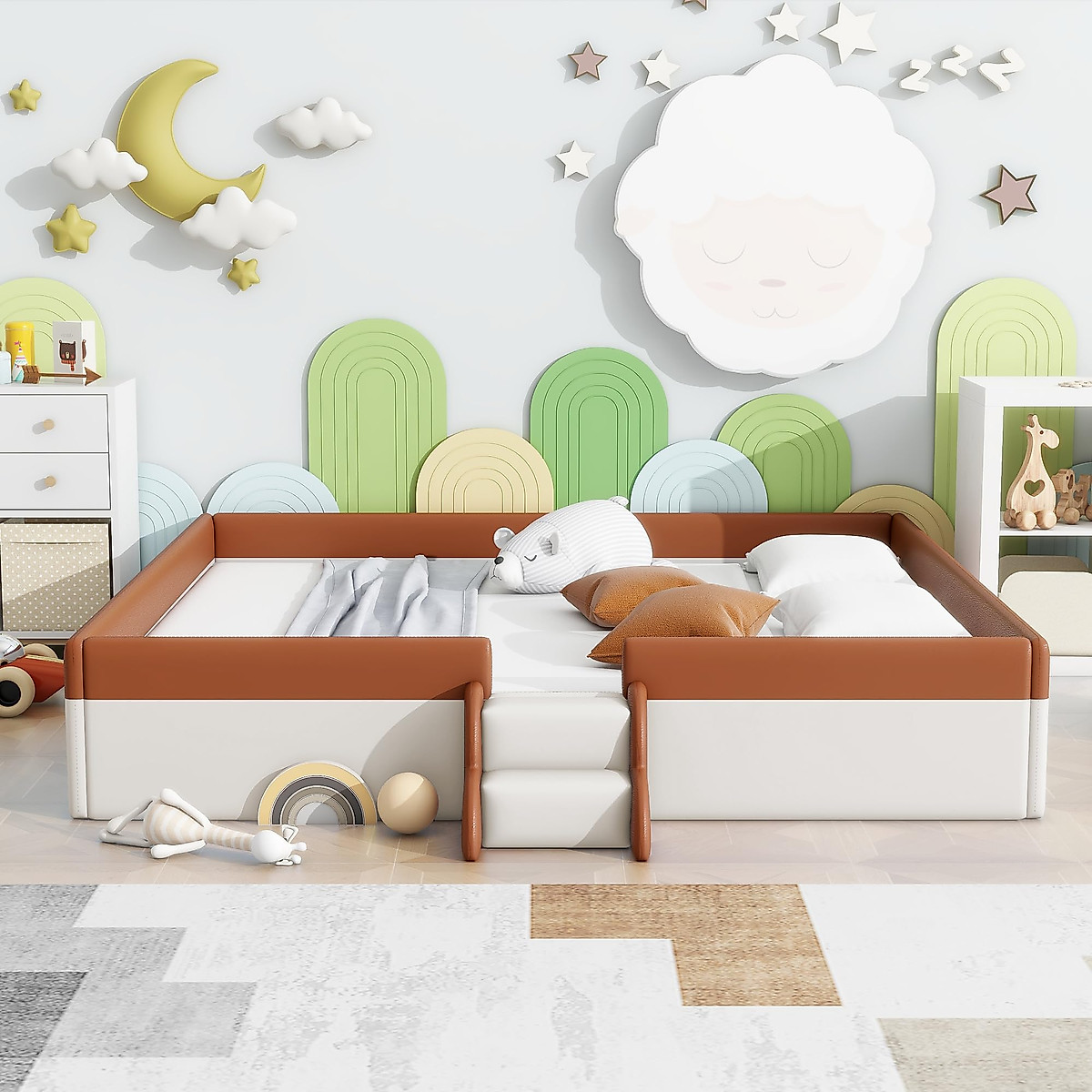 HoRunzelin King Size Soft Floor Bed with Stairs, PU Leather Upholstered Grounded Daybed, Low Profile Montessori Bed with Slat Support for Kids Boys Girls Teens Adults,Brown+White