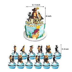 Puss In Boots Party Supplies, 1pcs Happy Birthday Photography Backdrop, 18pcs Pattern Balloons, 1 Banner, 1 Cake Topper, 12 pcs cupcake Toppers Happy Birthday Party Cute Decorations