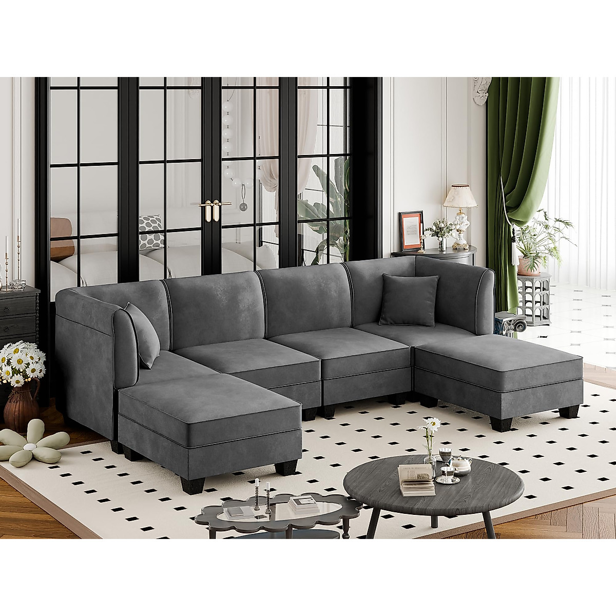 Vongrasig 6 Pieces Sectional Couch Modular Sofa with Reversible Chaise 116" Velvet U-Shaped Couch Sofa 6-seat Modular Large Sectional Couch with Ottoman for Living Room, Upholstered Cushion (Grey)