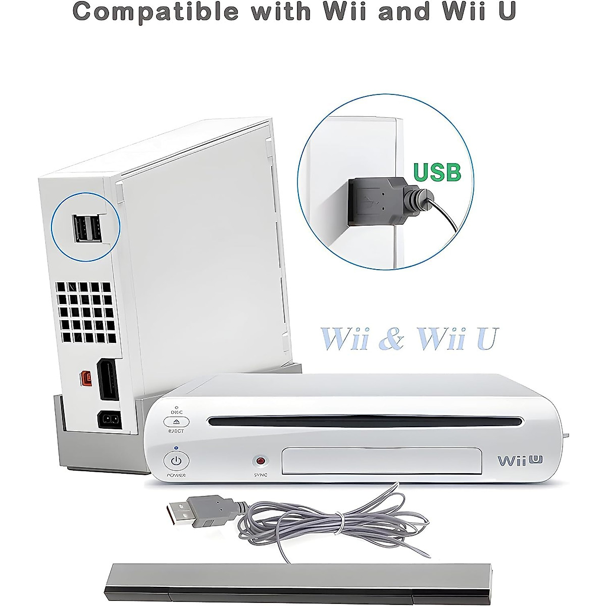 USB Wired Wii Sensor Bar, Replacement Infrared Ray Motion Sensor Bar for Nintendo Wii/Wii U -Black & Silver