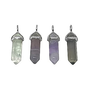 Silver Plated Fluorite Gemstone 1.5 X .2 inch Hexagonal Bullet Point Pendulum Pendant