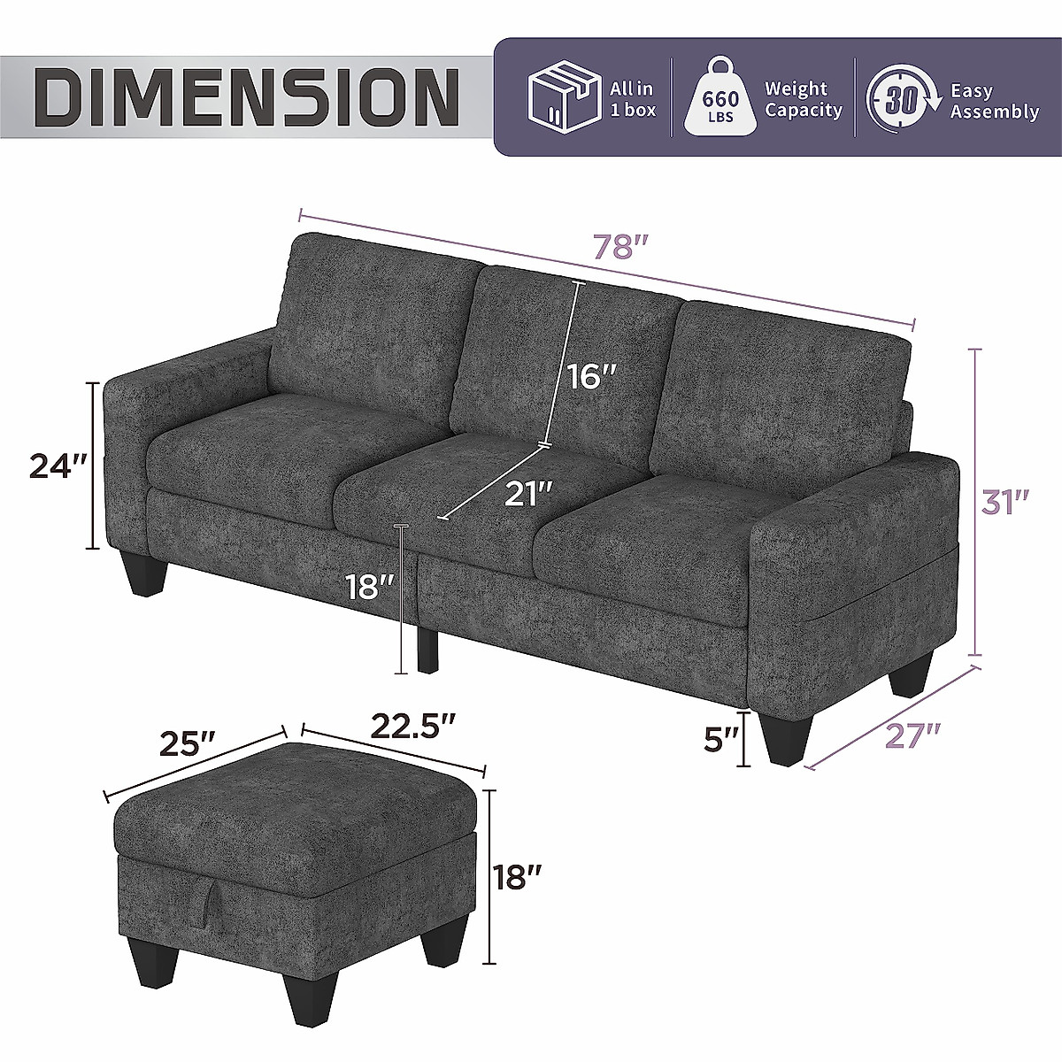 Sectional Sofa L-Shaped Couch, Snowflake Fabric Couch for Living Room with Reversible Storage Chaise & Side Storage Pockets, 3-Seat Sofa for Living Room/Apartment/Dorm/Office/Small Space (Gray)