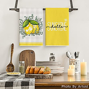 Artoid Mode Eucalyptus Leaves Lemons Summer Kitchen Towels Dish Towels, 18x26 Inch Hello Sunshine Holiday Decoration Hand Towels Set of 2