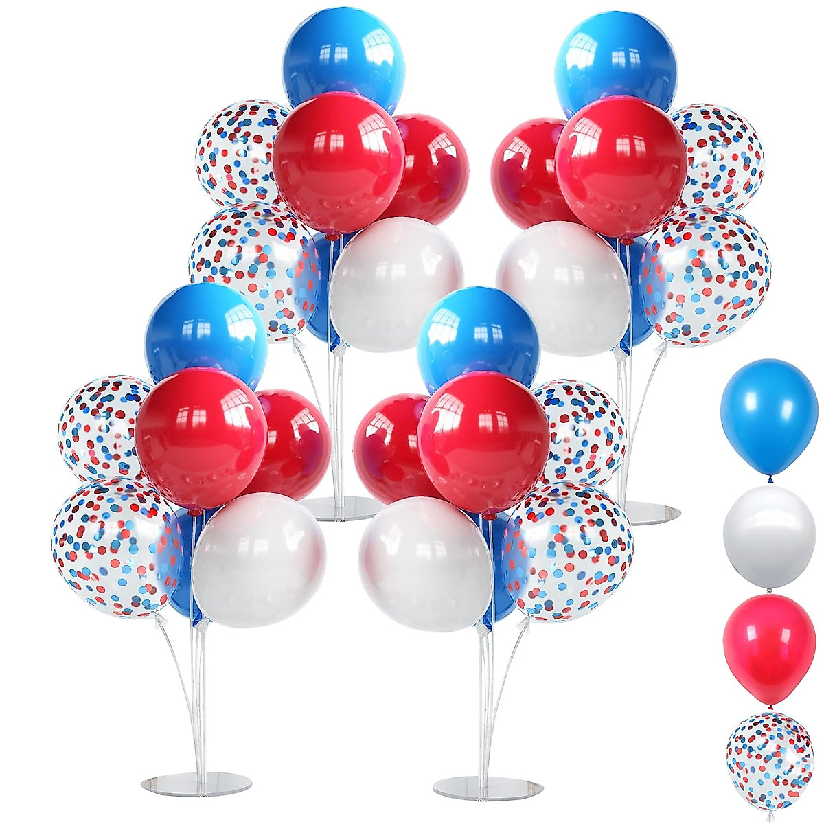 Blue and Red Balloon Stands Centerpieces 4 Set 28" Balloon Stands for Table with 30 Pcs Blue Red White Metallic Confetti latex balloons for Birthday Party Graduation Wedding Balloons Decorations