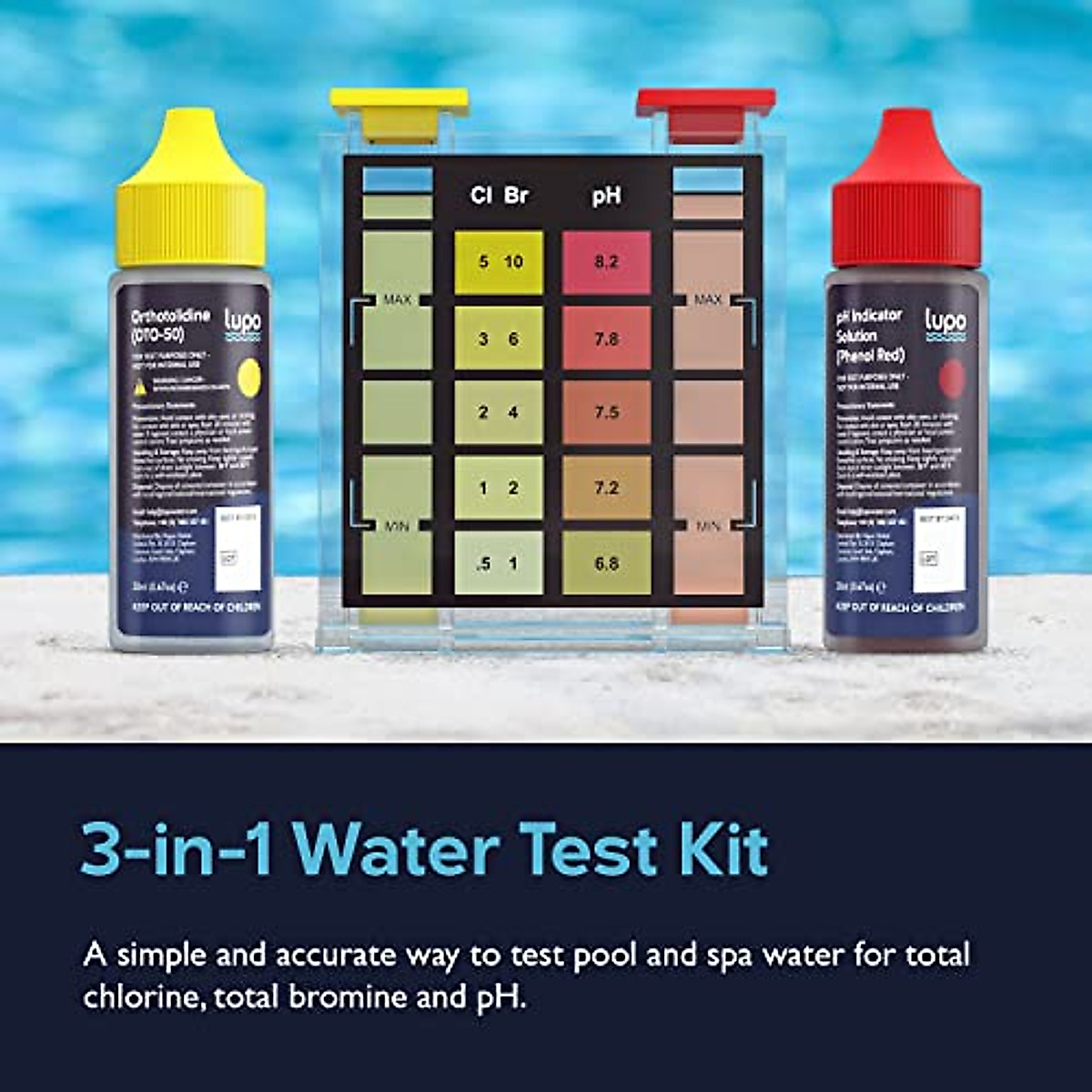 Lupo 3-in-1 Water Test Kit for Swimming Pools & Spas | Water Chemical Test Kit for pH, Total Chlorine and Total Bromine