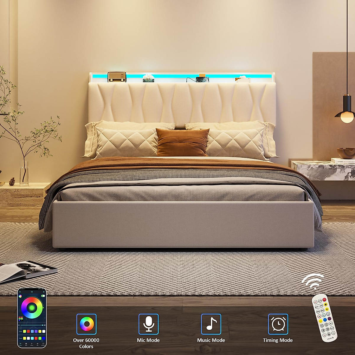 Queen Size Lift Up Storage Bed Frame with Adjustable Headboard, Charging Station, LED Lights, Wood Slats, Noise-Free, No Box Spring Needed, Beige