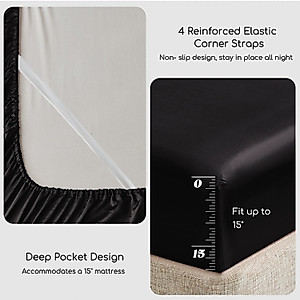 MR&HM Satin Bed Sheets, Full Size Sheets Set, 4 Pcs Silky Bedding Set with 15 Inches Deep Pocket for Mattress (Full, Black)