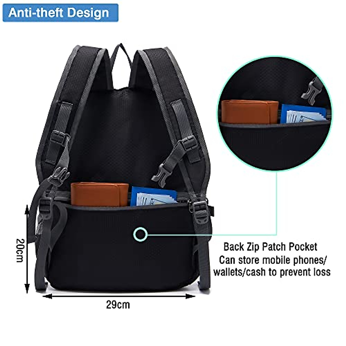 YZAOLL 20L Lightweight Packable Hiking Backpack,Small Hiking Backpack Day Pack for Women Men Travel Camping Vacation,Black