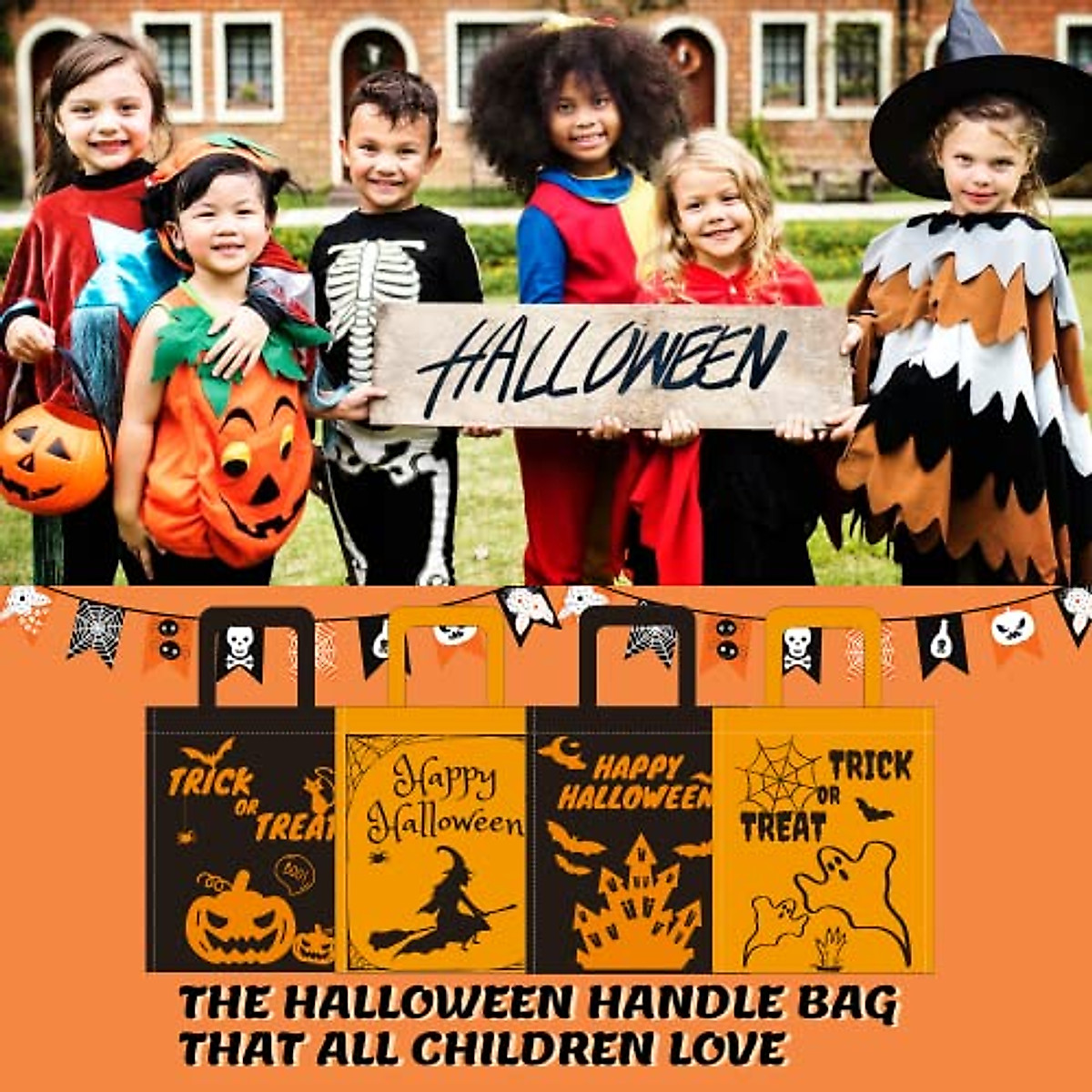 Crethinkaty 12 Packs Halloween Trick or Treat Non-woven Tote Bags, Pumpkin Spider Bat Witch Haunted House Reusable Goodie Treat Bags with Handle for Halloween Party Favors for Kids - 12*10IN