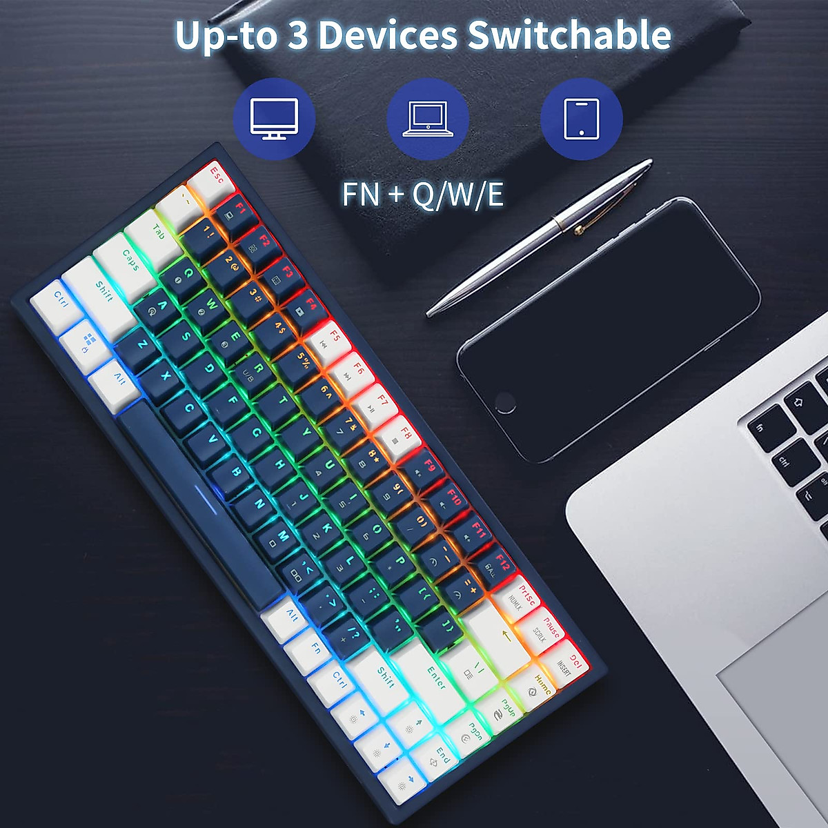 Chuangquan CQ84 Wireless Mechanical Gaming Keyboard, Compact 84 Keys, Programmable RGB Backlight, 60% Keyboard, Blue and White Keycaps for Ipad, Android/Windows Tablet, Desktop, PC Gamer(red Switch)
