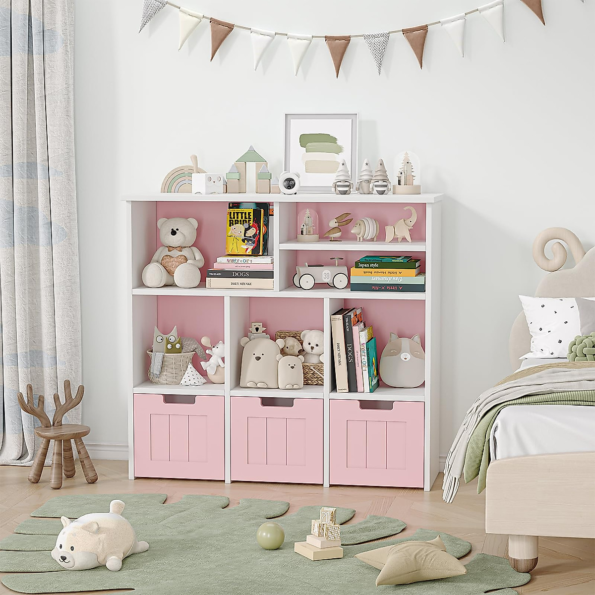 GarveeHome Toy Storage Organizer Kids Bookcase with 3 Movable Drawers Toy Storage Cabinet with Hidden Wheels Multifunctional Storage Chest for Playroom,Nursery and Bedroom, Pink