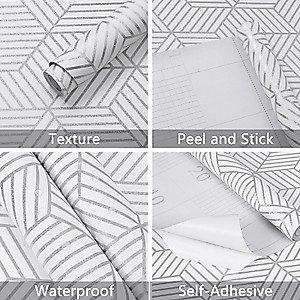 WENMER Geometric Hexagon Wallpaper Contact Paper 17.71 Inch x 118 Inch Geometric Hexagon Silver Peel and Stick Wallpaper Self Adhesive Wallpaper Vinyl Film Shelf Paper & Drawer Liner Roll for Home Use