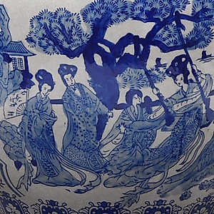 Oriental Furniture 12" Ladies Blue & White Porcelain Fishbowl