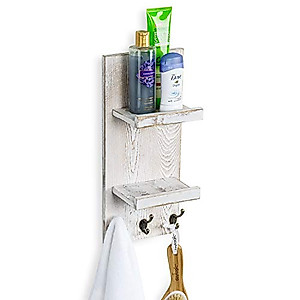 MyGift Wall Mounted White Washed Solid Wood Bathroom Shelf Rack with 2 Tier Shelves and 3 Dual Hooks, Wall Hanging Storage Display for Bath Supplies and Decor
