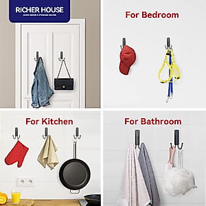 RICHER HOUSE Black Double Wall Hooks for Hanging, 4 Pack Removable Adhesive Wall Hooks with 5 Strips, Organize Damage-Free Sticky Hooks, Plastic Utility Hooks Heavy Duty for Coat, Towel, Hat, Key