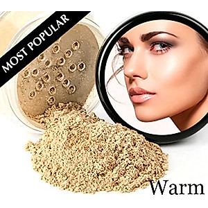 4pc FULL SIZE KIT w/KABUKI Mineral Makeup Matte Loose Powder Bare Face Cosmetics Full Coverage Long Lasting All Skin Types SPF 18 (WARM Neutral Shade-Most Popular)