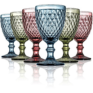 ZOOFOX Set of 6 Wine Glasses, 10 oz Colored Glass Goblet with Diamond Pattern, Embossed High Clear Glassware for Party and Wedding (Multi-Colors)