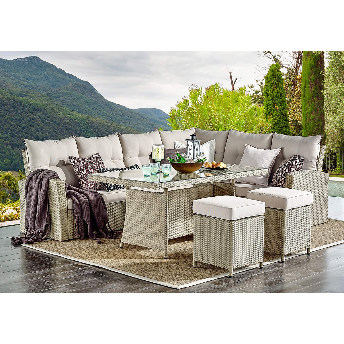 Canaan All-Weather Wicker Outdoor 17" H Square Stools with Cushions, Set of 2