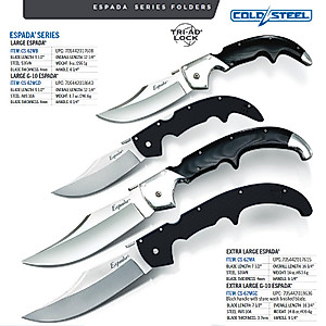 Cold Steel Espada Series Folding Knife with Tri-Ad Lock and Pocket Clip, G-10 Espada Large