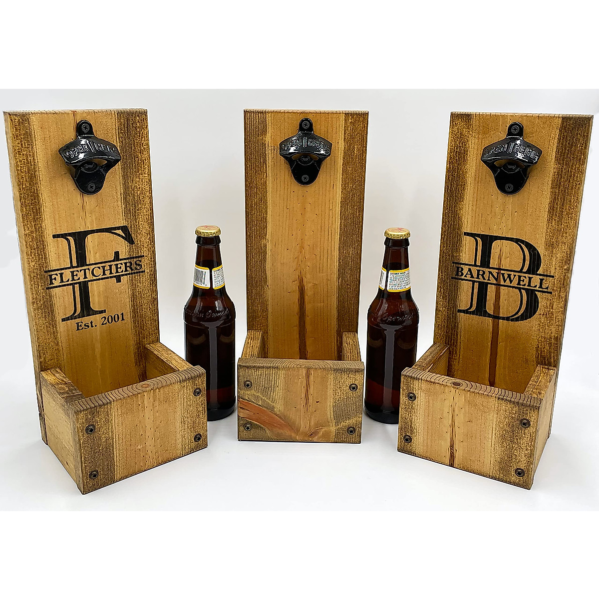 Bottle Opener with Dropbox Cap Catcher - Wall Mount or Freestanding - Laser Engraved - Personalized Christmas Gift idea for men Rustic Wood Groomsmen Gift Sets, Wedding and Anniversary Presents