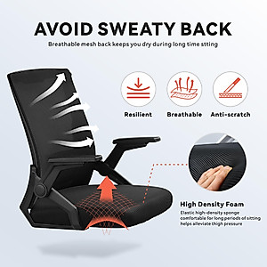COMHOMA Office Chair with Flip-up Armrests Ergonomic Computer Desk Chair Foldable Mesh Task Chair with Wheels Adaptive Lumbar Support Swivel Tilt Comfortable Study Chair, Black (Seat Depth 17.7")