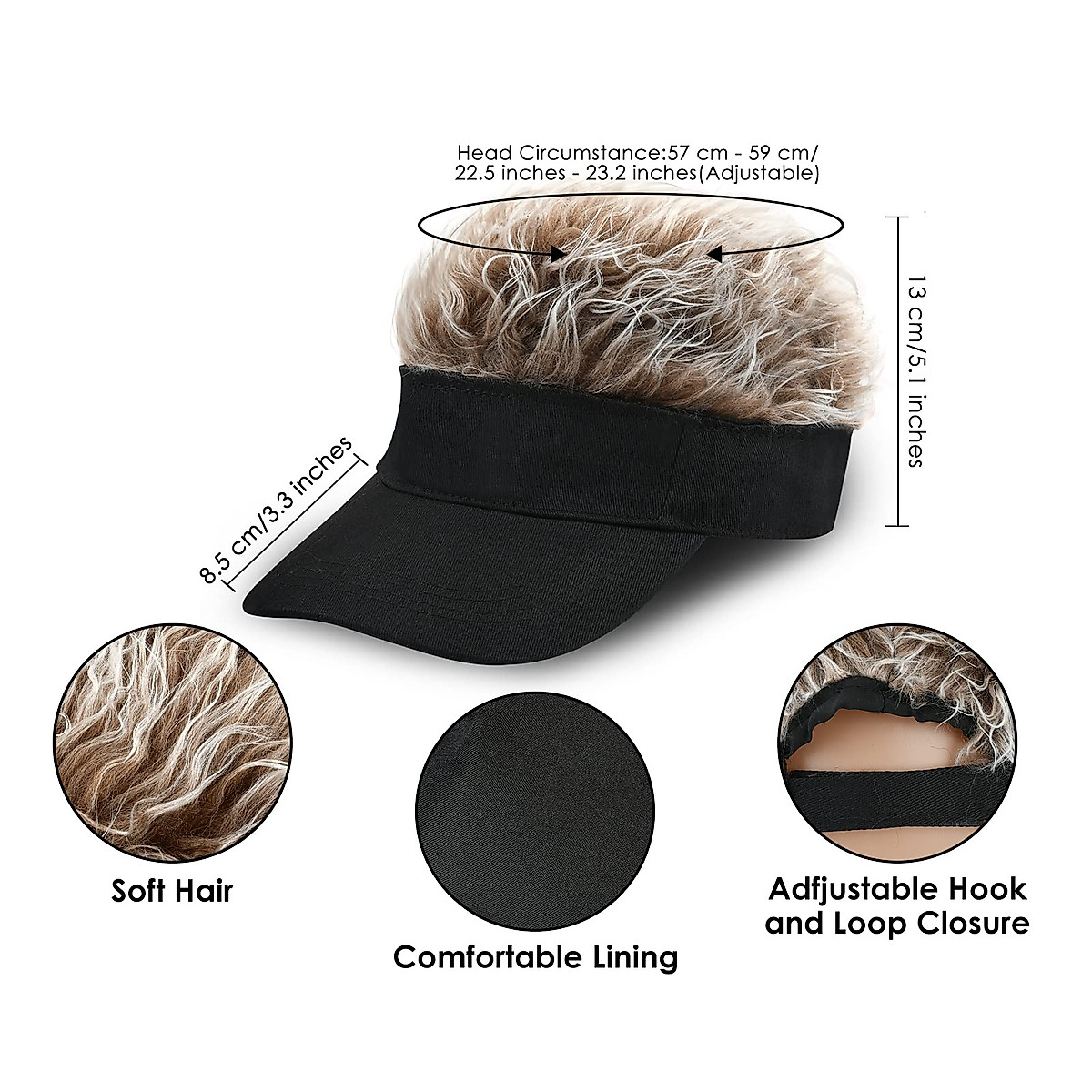 Novelty Visor Cap Adjustable Visor Hat with Spiked Wigs Fake Hair Visor for Adults (Canvas and Polyester, Black and Brown)