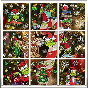 100 PCS Christmas Window Clings - Christmas Window Clings for Glass Windows,Christmas Elf Faces Window Stickers with Snowflake,Double Sided Static Window Clings for Christmas Window Decals(9 Sheets)