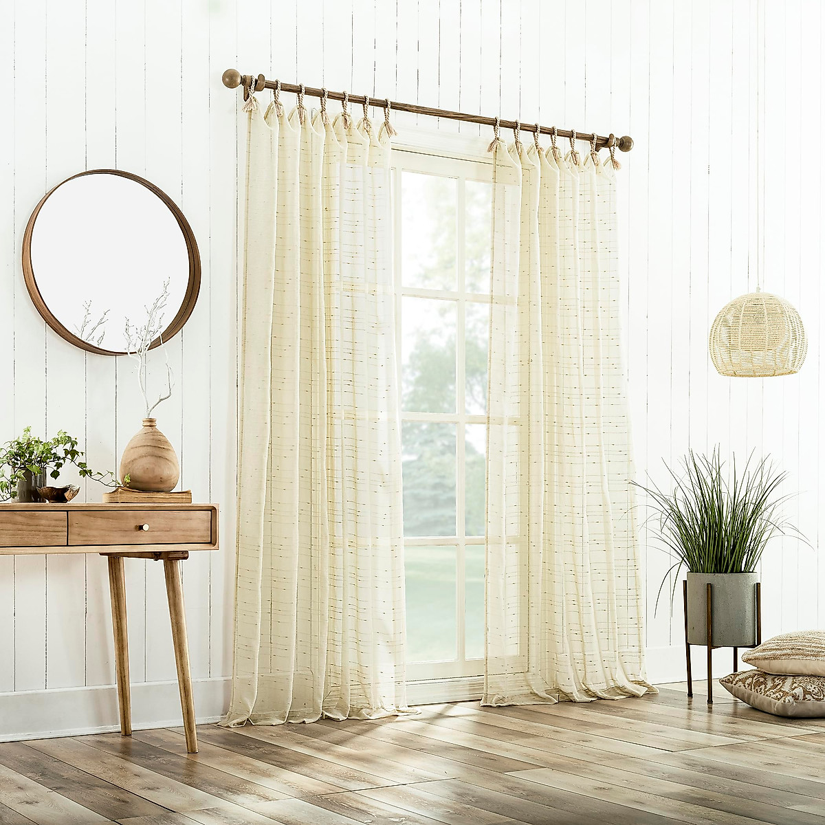 No. 918 Claudia 2-pack Slub Stripe Linen Texture Rope Tab Semi-Sheer Tie Top Curtain Panel Pair, 50" x 84", Natural Beige