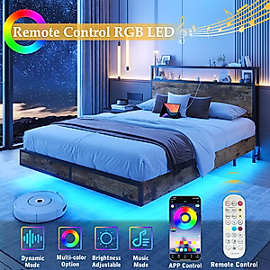 HISOFT Floating Queen Bed Frame with 2-Tier Storage Headboard, Metal Queen Bed with Charging Station & LED, No Box Spring Needed, Noise Free, Easy to Assemble, Vintage Brown