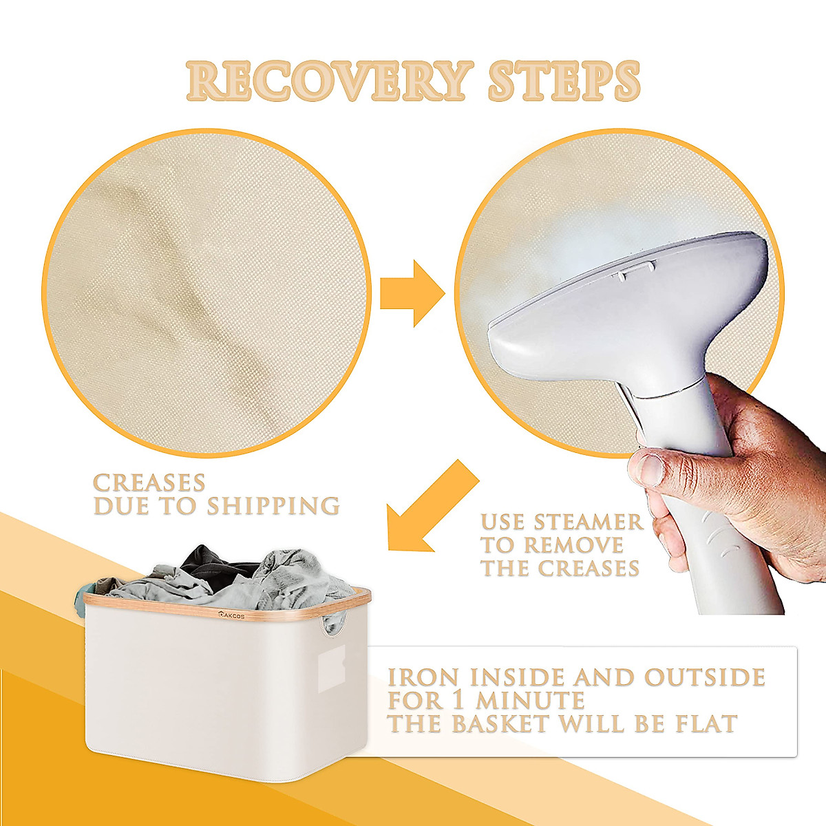 DAKCOS 2 Pack Foldable Storage basket with Handles Bamboo Rim Collapsible Fabric Storage basket for Storage Clothes,Toys,etc. 32L,Beige