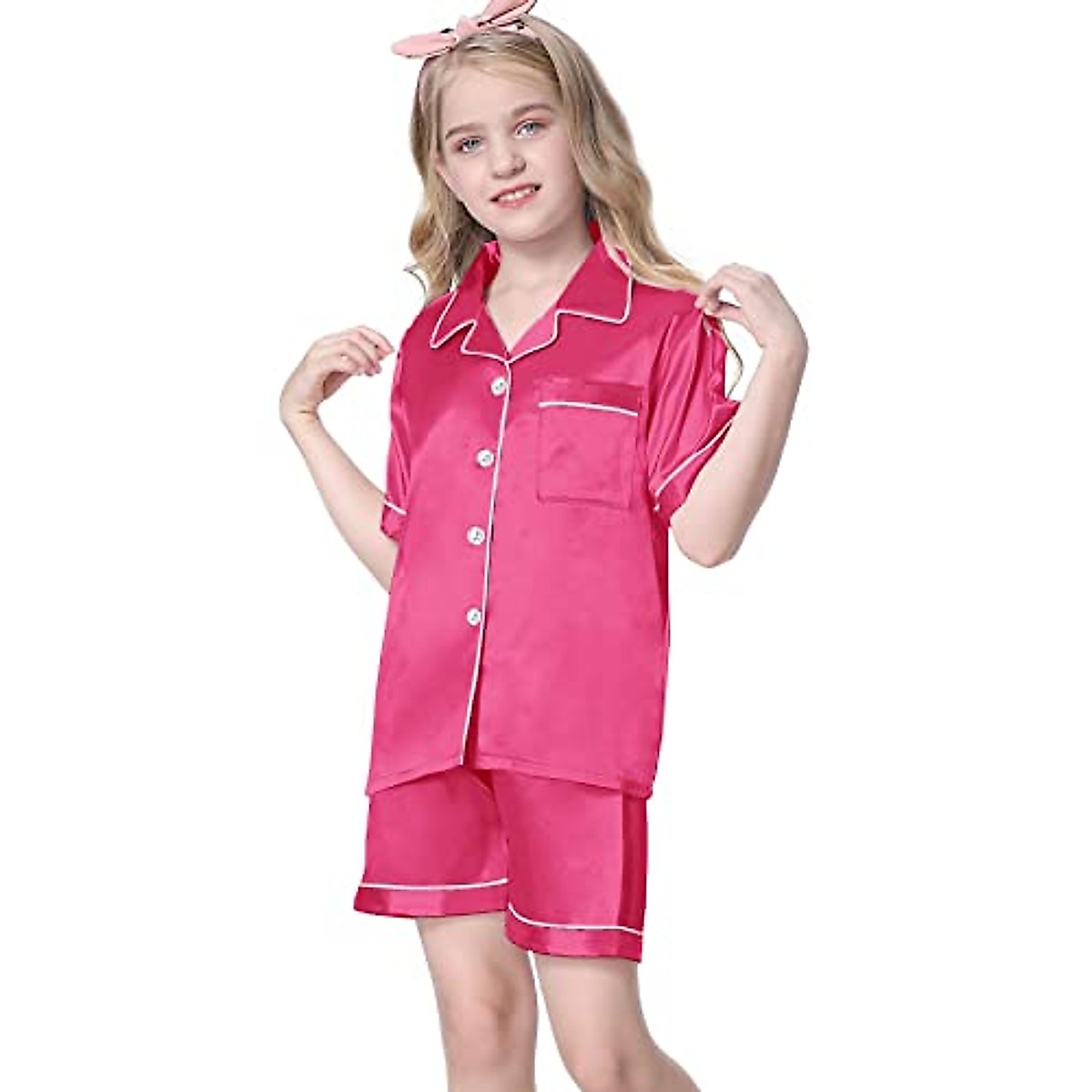 Silk Pajamas Sets for Women, 2 Pcs Sleepwear Silk Button-Down Pj Lounge Set, Hot Pink, US XS