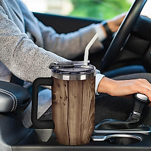 WYUSPGK 40oz Stainless Steel Car Mug, Wood Grain Print Travel Mug, Double-Wall Insulated with Straw, Perfect for Car, Office, Outdoor