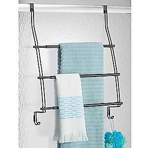 mDesign Expandable Metal Over Shower Door Towel Rack for Bathroom - 3-Tier Organizer with 2 Large Hooks - Holder for Hand/Bath Towels, Washcloths, Loofahs, Sponges - Trinity Collection - Matte Black