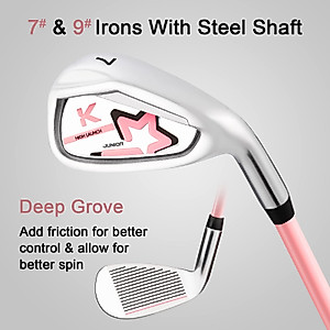 KVV Junior Complete Golf Club Set for Kids/Children Right Hand, 5-7 Years Old 4-Piece Set Includes 4# Hybrid, 7# & 9# Irons, Putter, Head Cover and Portable Golf Stand Bag(Pink 5-7)