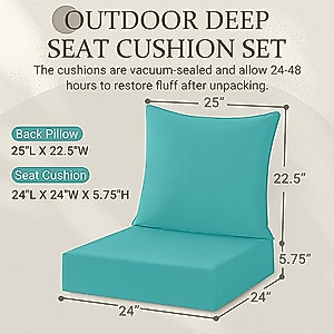 downluxe Outdoor Deep Seat Cushions Set, Waterproof Memory Foam Patio Furniture Cushions with Zipper for Outdoor Chair Sofa, 24" x 24", Teal, 2 Piece Set